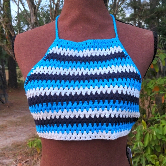 bp | Tops | Bp Blackbluewhite Crochet Halter Top Strings That Tie ...